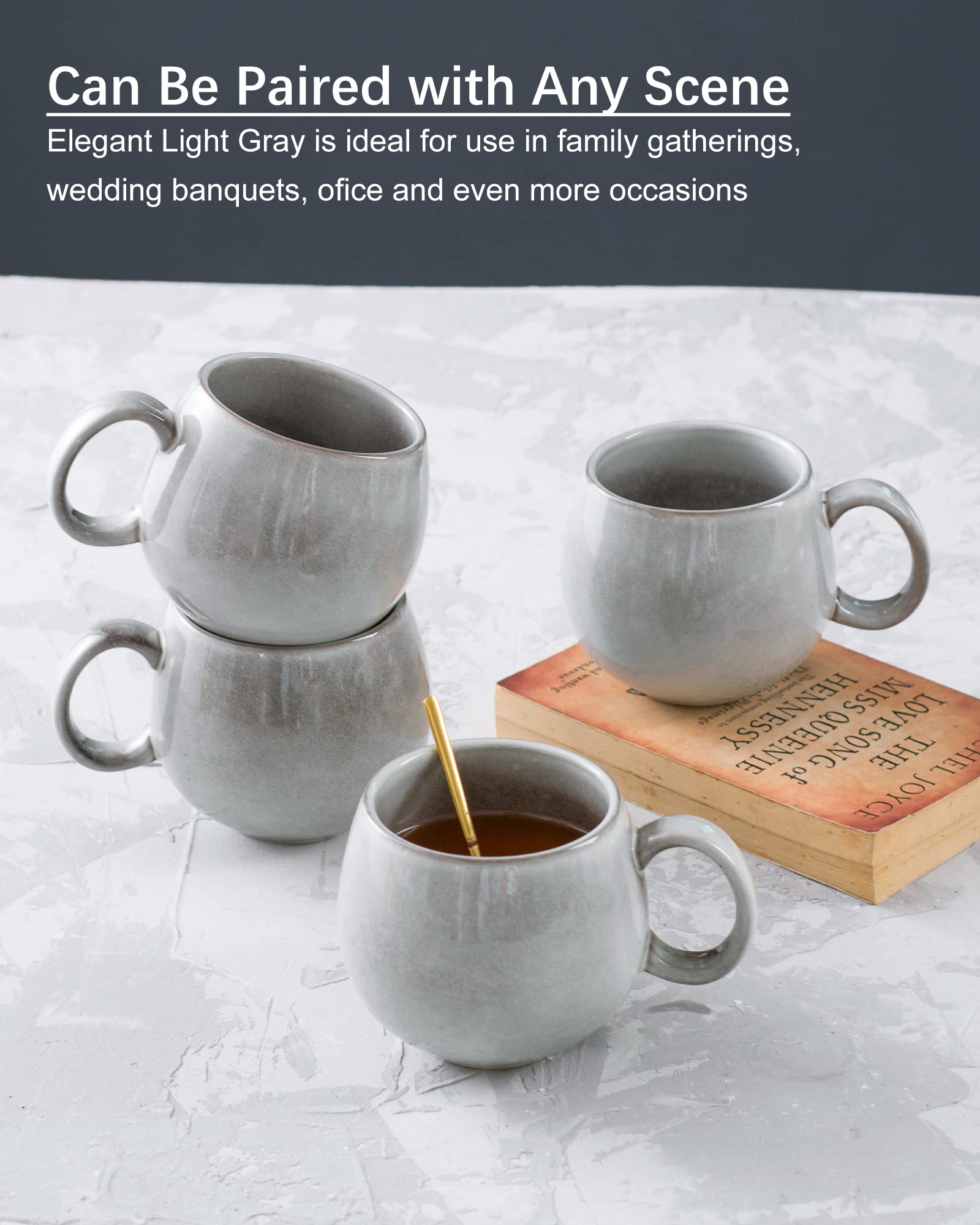 HENXFEN LEAD Large Coffee Mugs Set of 4-20 Oz Ceramic Jumbo Mugs with Handle for Latte, Cereal, Tea, Cocoa, Milk, Thanksgiving Christmas Cups Gift, Microwave, Dishwasher Safe, Grayish-White