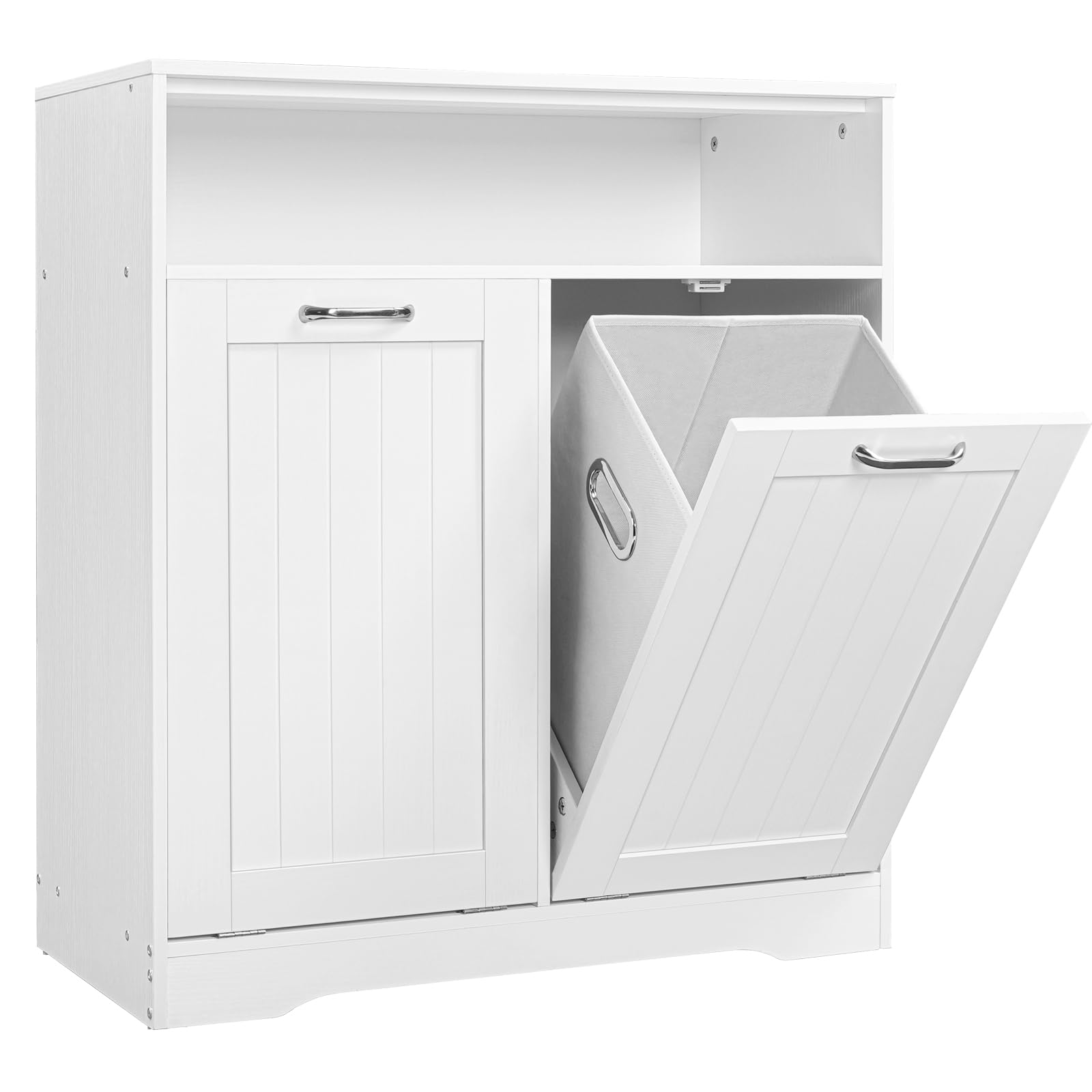 HOOBRO Laundry Cabinet, Tilt-Out Laundry Hamper, Pull Out Laundry Sorter with 2 Removable Basket and Open Shelving, Storage Cabinet for Laundry Room, Bathroom, Living Room, White WT80XY01