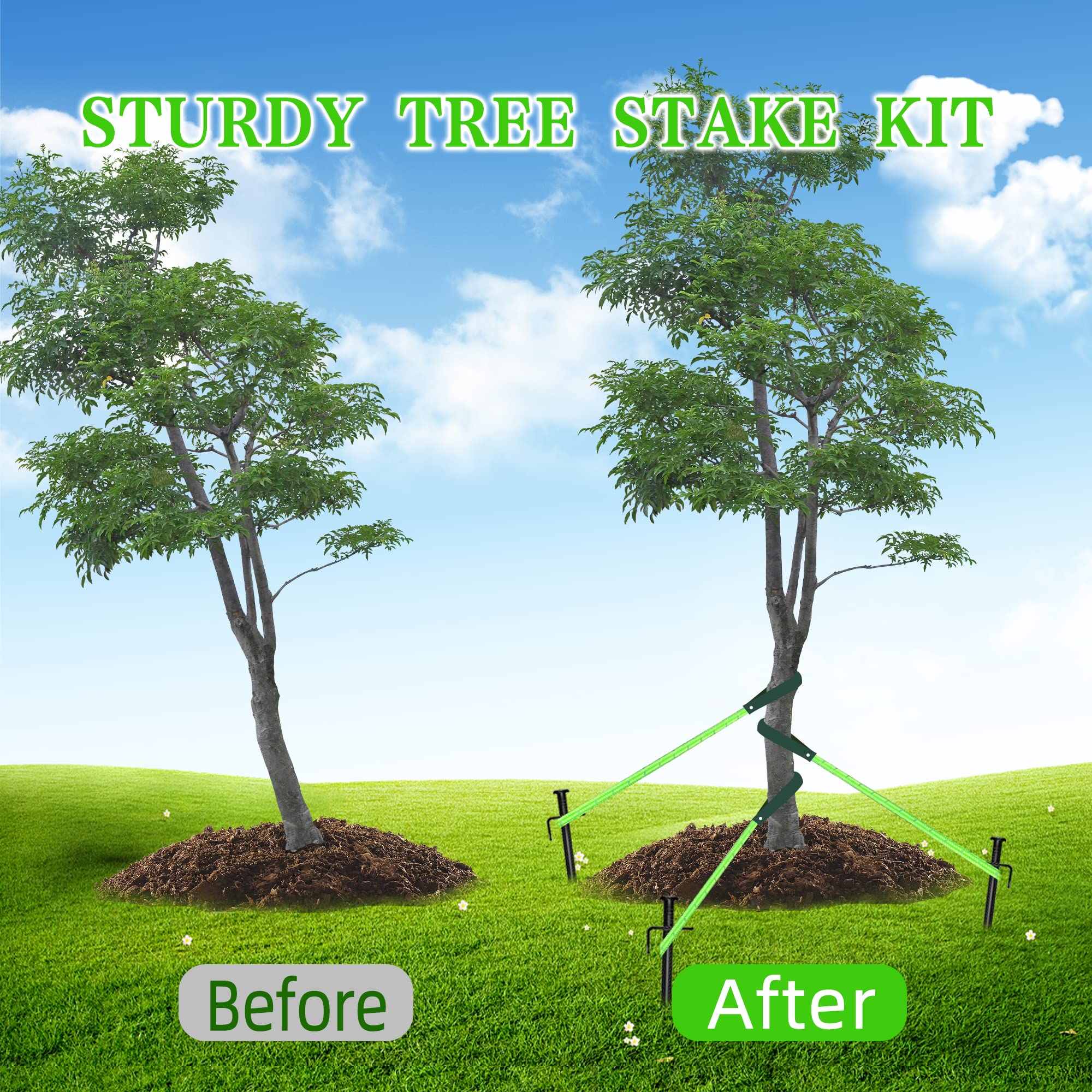 KAAOGITY Tee Stakes Supports Heavy Duty,Tree Straps with Anchor Kits Stable Rope for Young Leaning Staking Tree Ties for Garden Plant Against Bad Weather (11.8Inches Tree Kit)