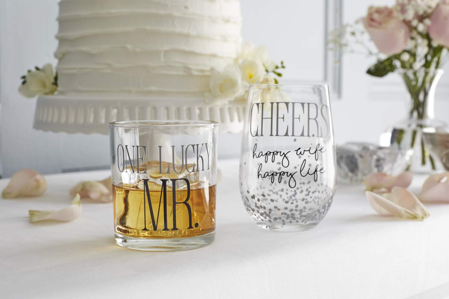 Enesco Our Name is Mud Cheers Wife Happy Life Glittered Stemless Wine Glass, 15 Ounce, Clear