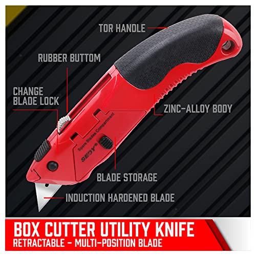 Heavy Duty Box Cutter - Retractable Utility Knife with Spare Blades, Ergonomic Design, Built-In Storage, Safe Lock System, Ideal for Cardboard, Paper, Thin Plastic Cutting - Razor Knife Boxcutter