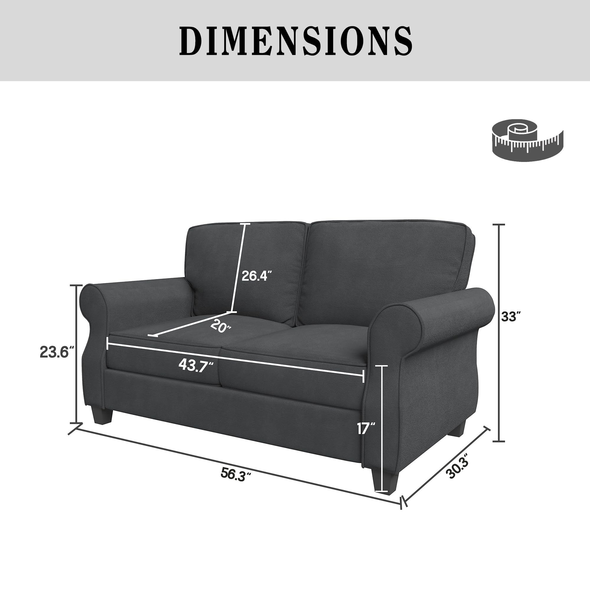 KYLE & KAY Modern 2 Seater Sofa Couch, Upholstered Small Sofa with Solid Wood Frame, Sectional Love Seat Couch for Living Room, Bedroom, Office, Apartment, Dark Gray
