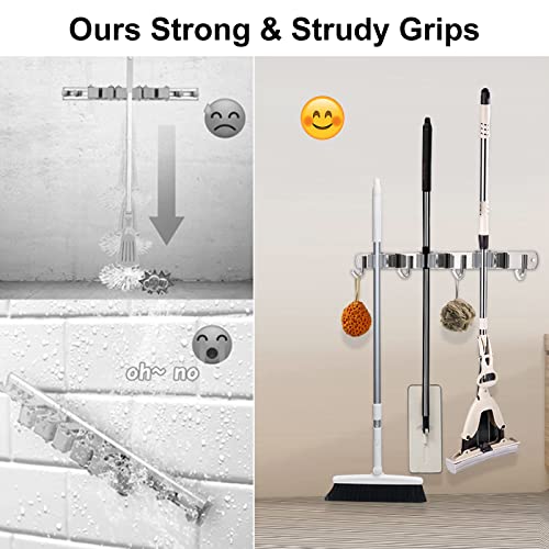 GDTOOLMMY Broom Holder Wall Mount, Stainless Steel Mop Holder Self Adhesive Durable Heavy Duty Broom Hanger Storage Rack for Home, Kitchen, Garden and Garage 5 Rack 4 Hooks(2pack)