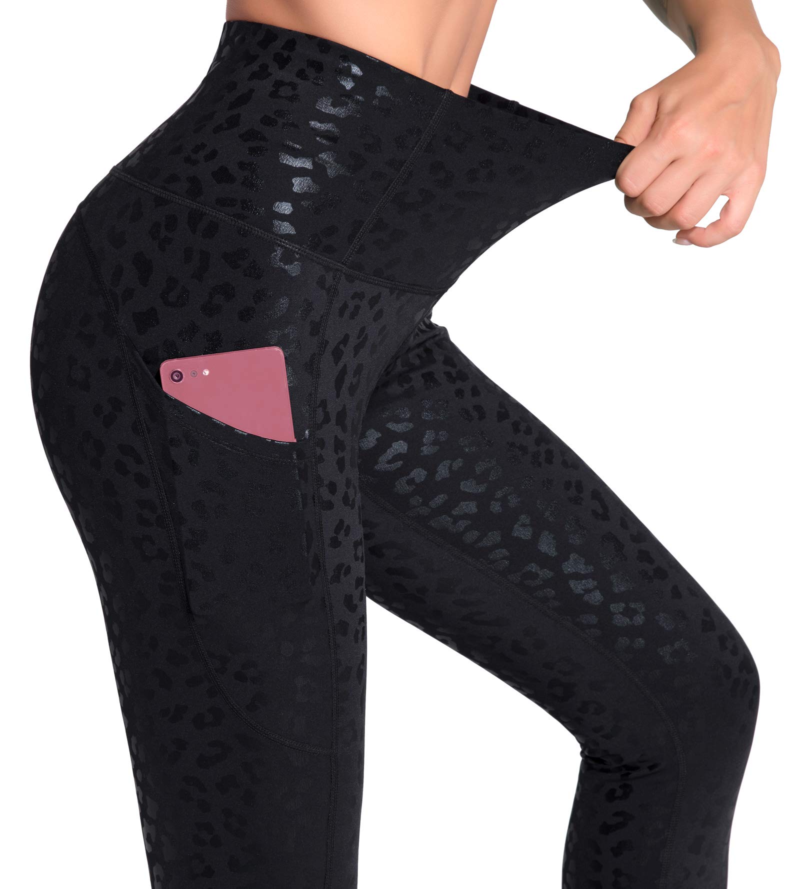 Dragon Fit High Waist Yoga Leggings with 3 Pockets,Tummy Control Workout Running 4 Way Stretch Yoga Pants (Medium, Black Leopard)