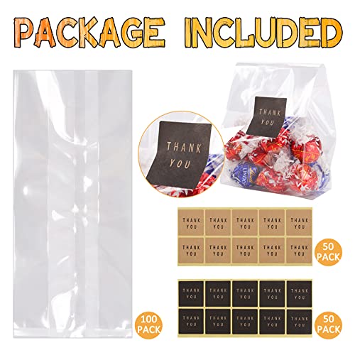 LOKQING Cellophane Treat Bags Cookie bags for Packaging Clear Gift Bags with Stickers for Cookies,Candy,Chocolates(Clear,9x4 INCH)