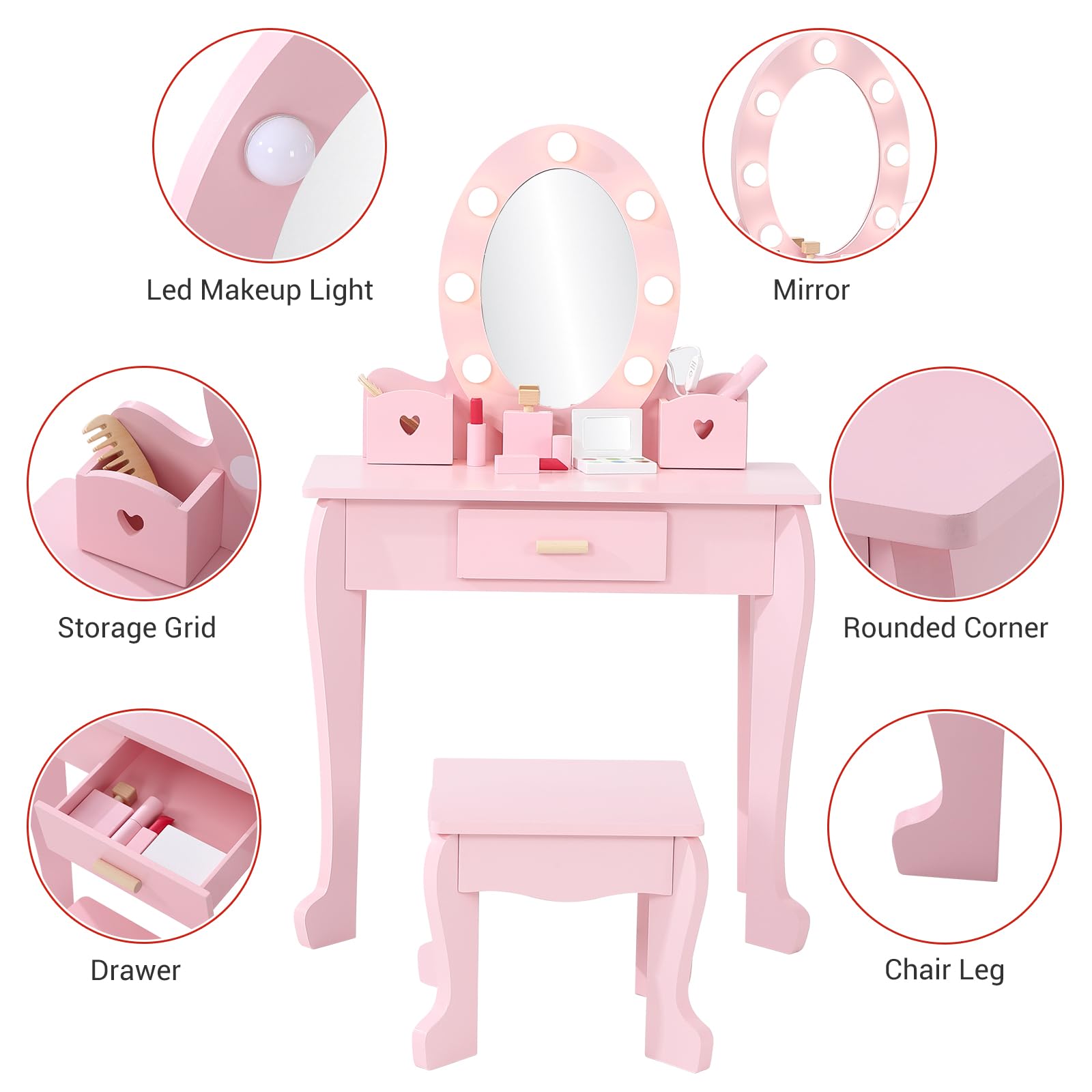 GarveeHome Kids' Vanity Set with Mirror and Light, Makeup Table and Stool for Girls, Vanity Table and Chair Set with Wood Makeup Playset for 4-9 Girls, Pink (Batteries Not Included)
