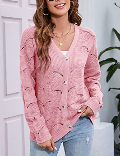 KOJOOIN Women's Crochet Cardigan Lightweight Kimono Long Sleeve Hollow Out Kint Outwear Sweater Barbie Pink M