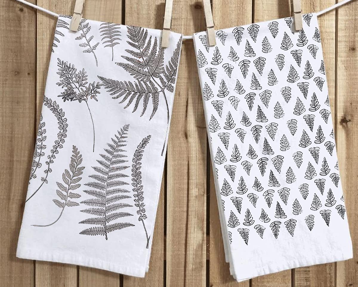 Fern Fronds Pattern Kitchen Dish Towel 18 x 28 Inch, Seasonal Spring Summer Botanical Tea Towels Dish Cloth for Cooking Baking Set of 2