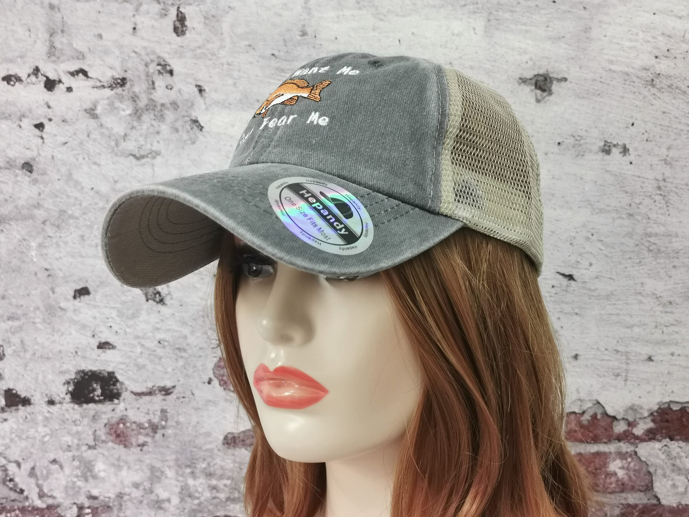 Embroidered Women Want Me Fish Fear Me Trucker Hat for Men, Grey Mesh Embroidery Baseball Cap, Outdoor Adjustable Cotton Snapback Dad Hat