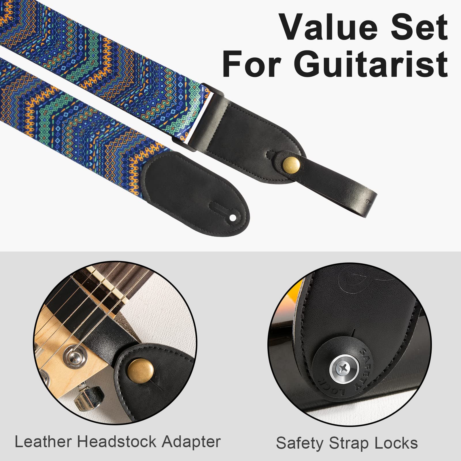 Dulphee Guitar Strap, W/Free 2 Locks & 1 Button, Ultra Comfortable Shoulder Straps for Bass, Electric & Acoustic Guitars, Guitar Accessories