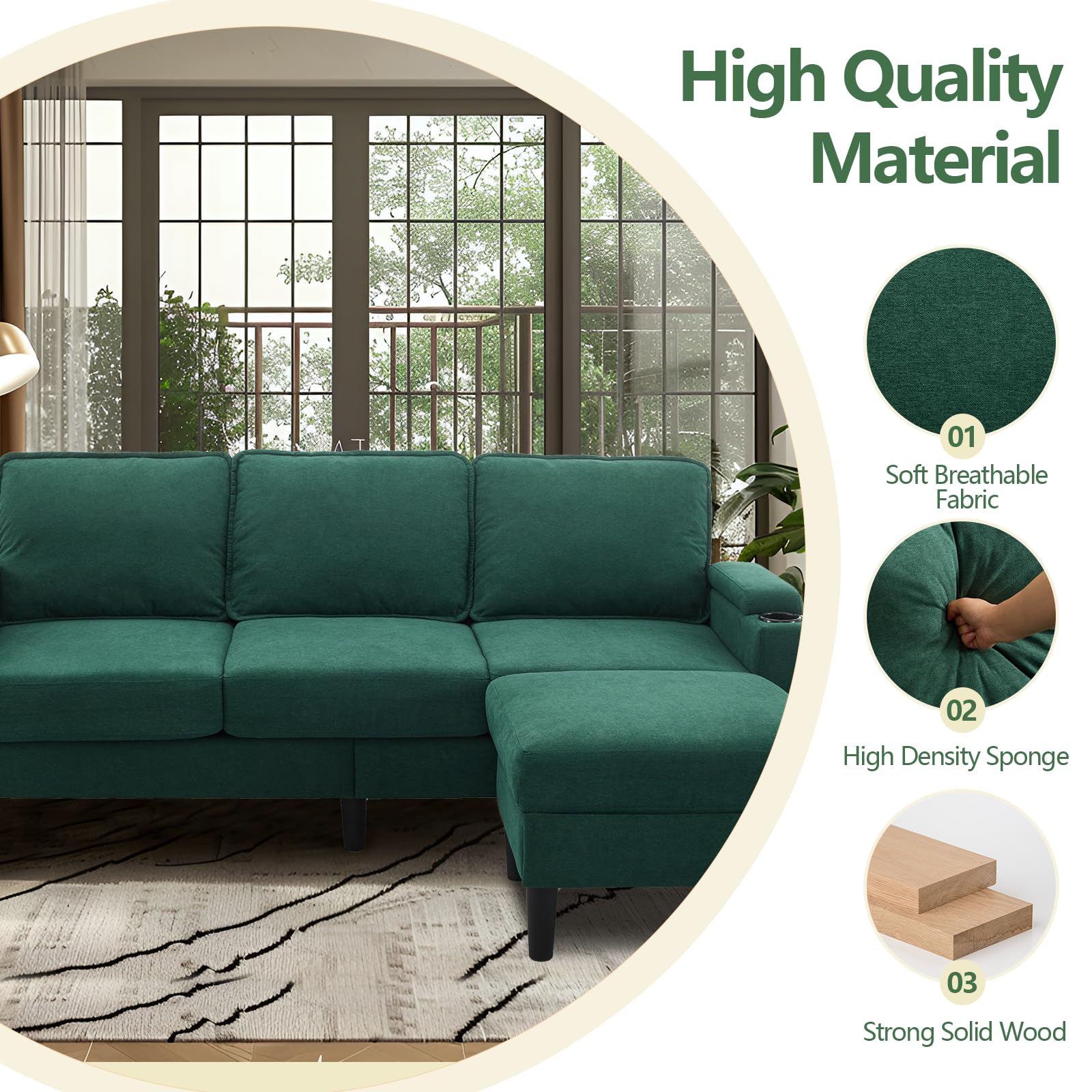 Nonlita L Shaped Combo Sofa with Storage Ottoman,3-seat Combo Sofa,L Shaped Combo Sofa with USB & Cup Holders & Side Pockets,Upholstered sectional Couch for Living Room Small Space Apartment,Blue