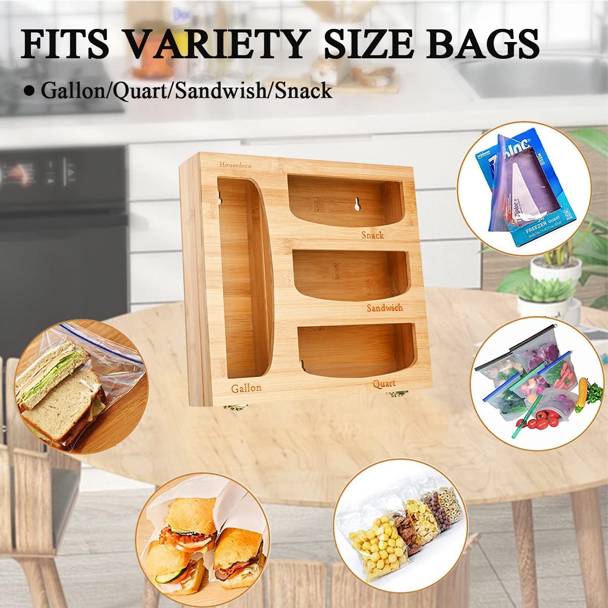 Housedeco Ziplock Bag Storage Organizer,Bamboo Kitchen Drawer Organizer Dispenser with lids,Suitable for Gallon,Quart,Sandwich & Snack Variety Size Ziplock Bag