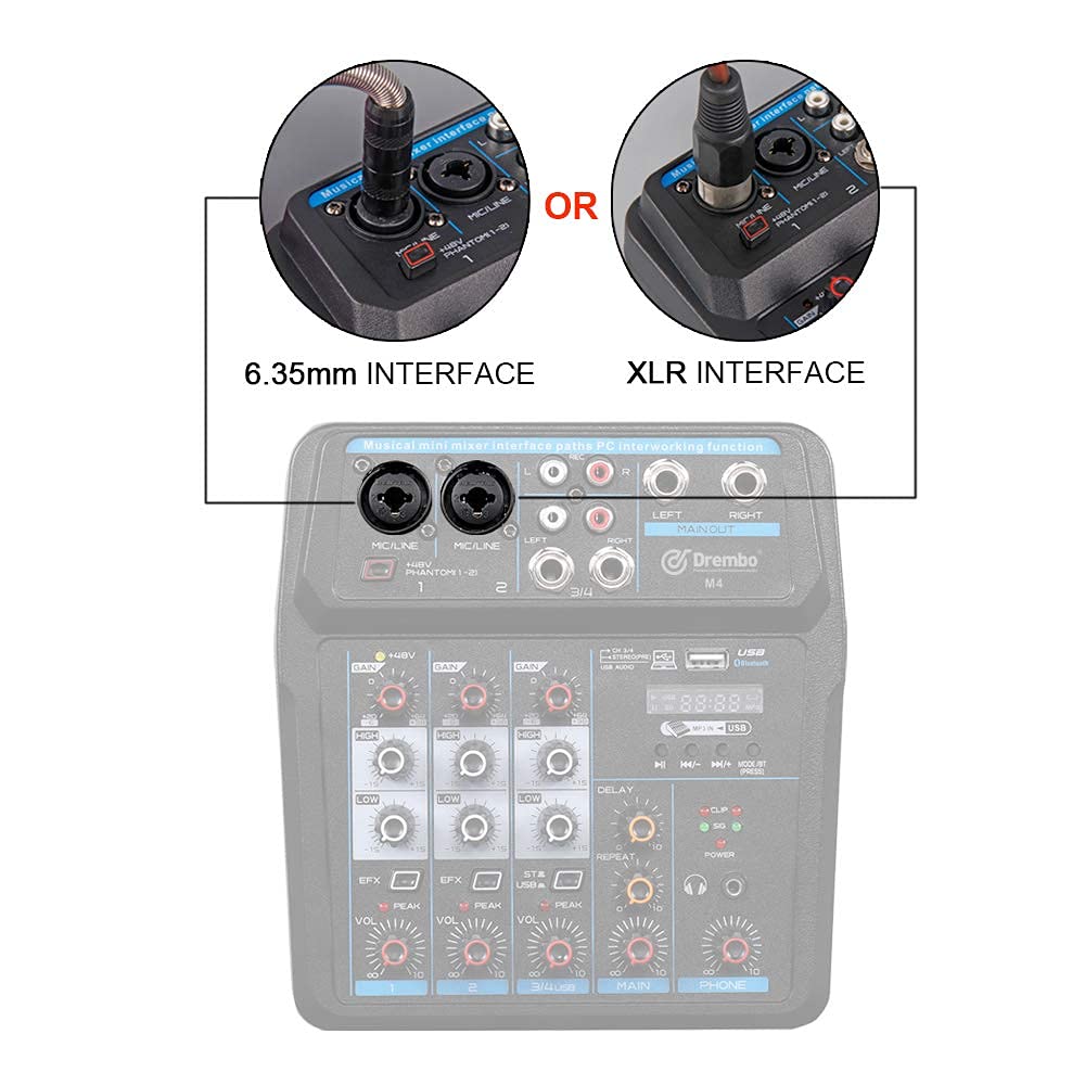 D Debra M4 Mini Audio Mixer Mixing Console Mixer Sound 4 Channel with Sound Board USB Bluetooth Audio Interface Mic Preamps 48V Phantom Power Mixer Use for DJ Studio PC Recording Singing Webcast Party