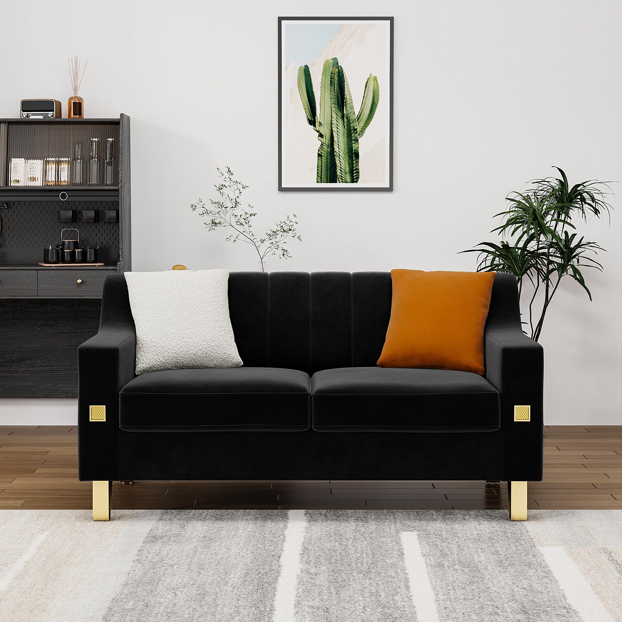 HenleneCoco 2 PCS Black Velvet Sofa Sets with 5 Pillows for Living Room Furniture, Modern Mid Century Tufted Classic Couches Set (1 PC Loveseat & 1 PC 3 Seater Couch)