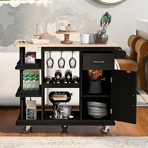 Kitchen Island Cart, Kitchen Carts on Wheels with Storage, Moveable Multipurpose Kitchen Island Cabinet with Shelves, Countertop, Wine Rack for Dining Room, Home, Bar, Black