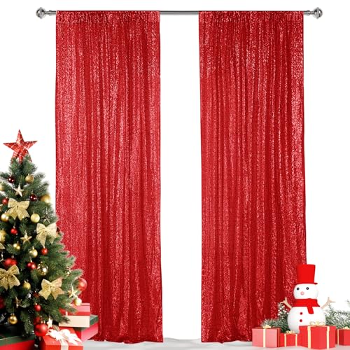 Hahuho Red Sequin Backdrop Curtain, 2PCS 2FTx8FT Glitter Backdrop Curtain for Parties, Christmas, Wedding, Party Decoration（2 Panels, 2FT x 8FT, Red