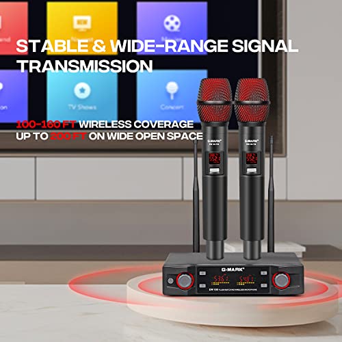G-MARK EW100 UHF 2 Channel Wireless Microphone System, 2 Cordless Handheld Microphones, Ideal for Home Karaoke, Church, Wedding, Party