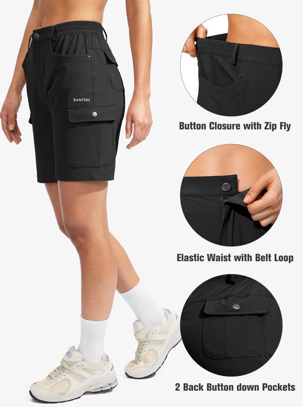SANTINY Women's Hiking Cargo Shorts with 7 Pockets Lightweight Quick Dry 7 Inch Long Golf Shorts for Women Casual Summer (Black_L)