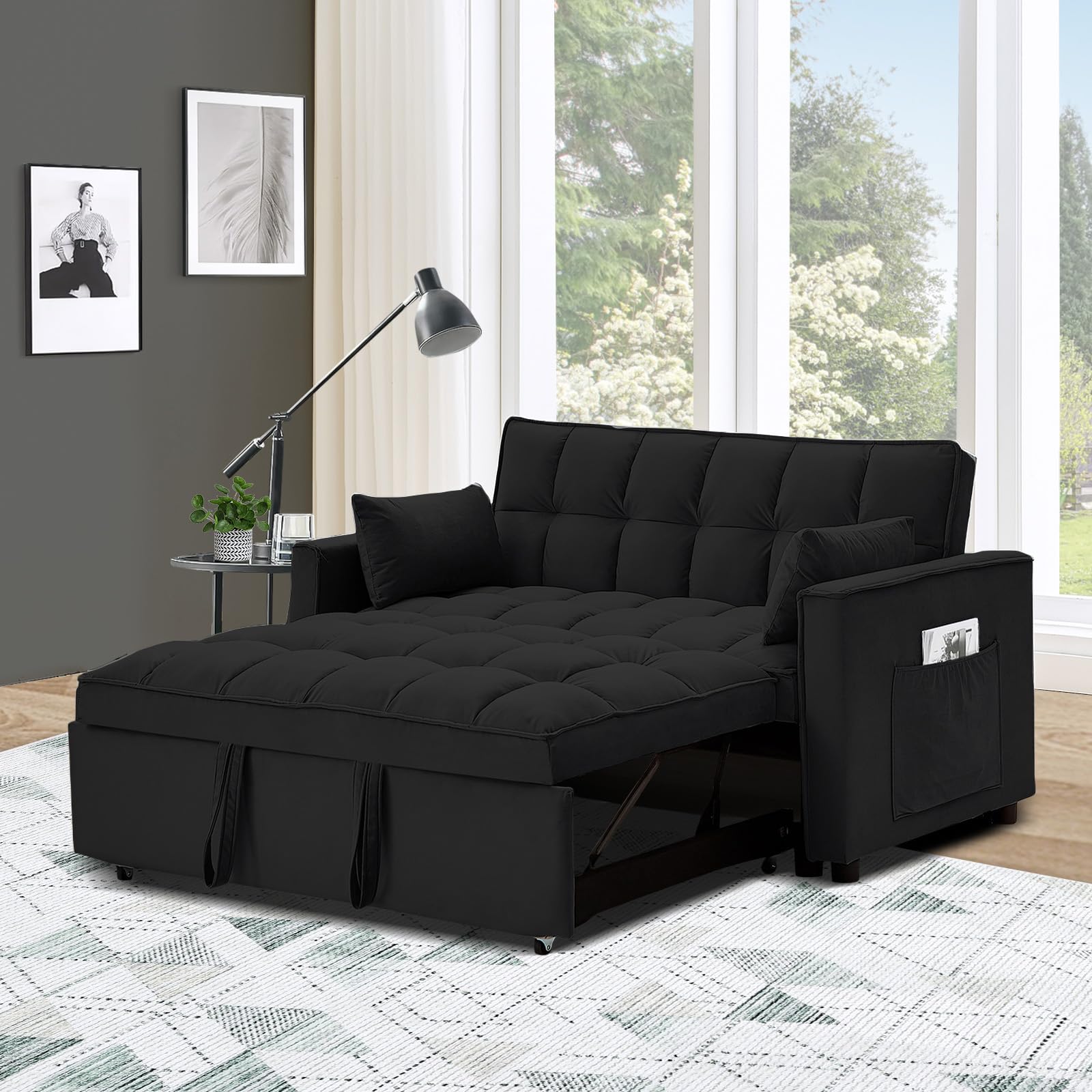 GarveeHome Modern 3-in-1 Velvet Loveseat Futon Couch Pull-Out Bed, Sofa Bed Couch Convertible Sleeper Sofa Bed with Adjustable Backrest, Storage Pockets with 2 Pillows for Living Room Bedroom, Black