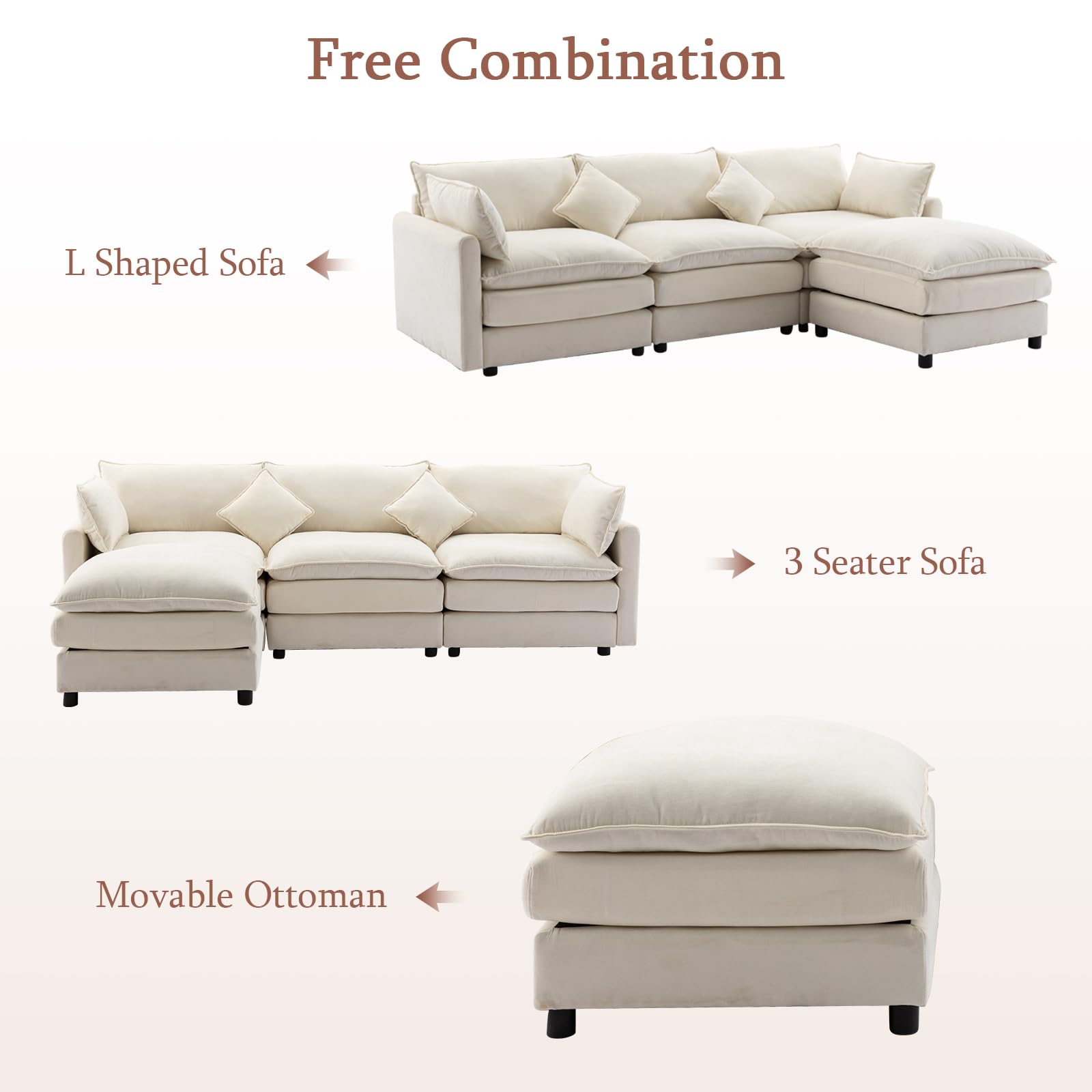 L Shaped Sectional Sofa Cloud Couch with Movable Ottoman,Convertible Deep 4 Seater Modular Couch for Living Room,Modern Chenille Comfy Upholstered Corner Couch with Double Cushions,Dark Gray