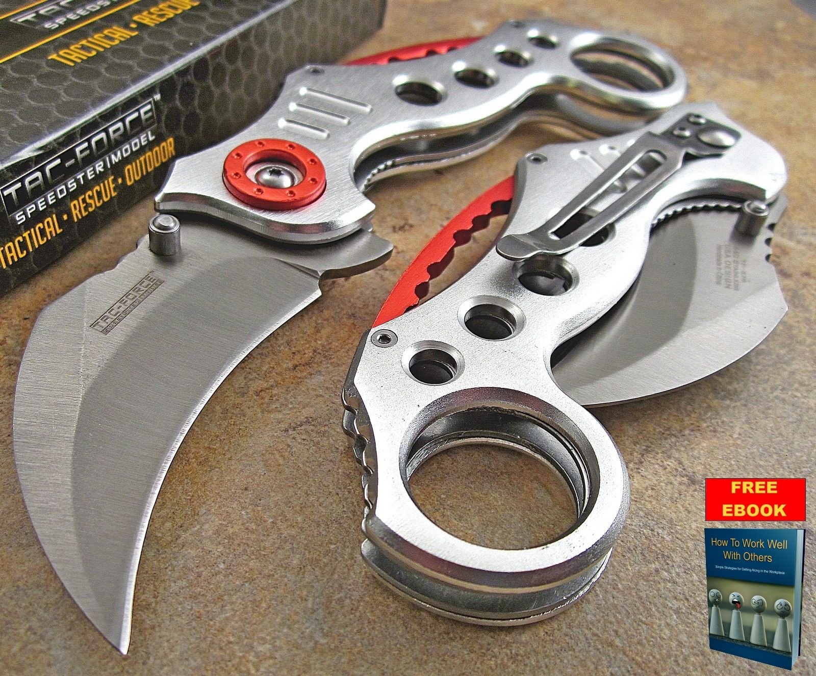 Pocket Knife Folding Tactical Rescue Knife Spring Assisted Open TAC-Force Silver KARAMBIT Claw Speedster Finger Hole TF-578S + Free eBook by Only US