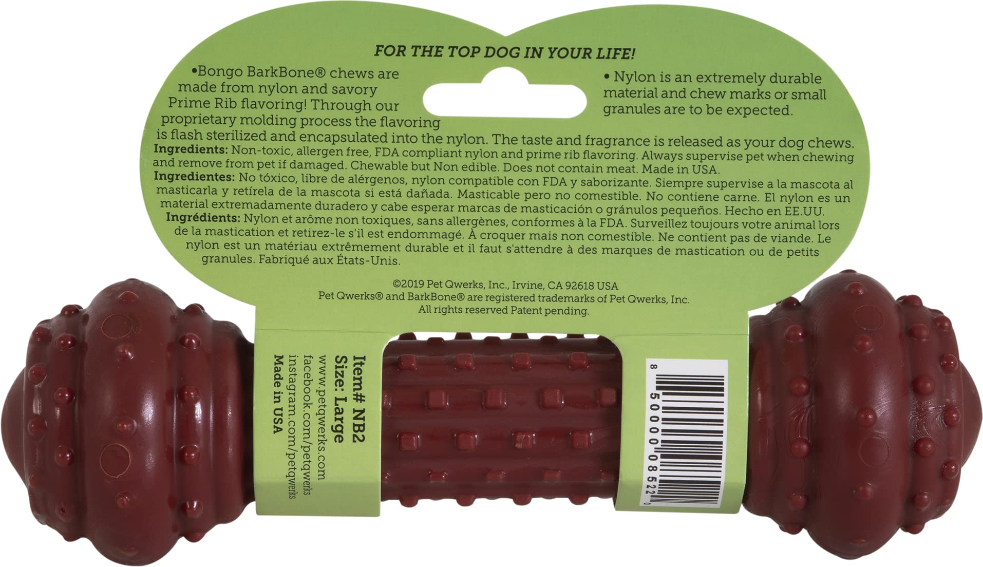 Pet Qwerks Bongo BarkBone - Nylon Dog Bone for Aggressive Chewers - Prime Rib Flavor - Large
