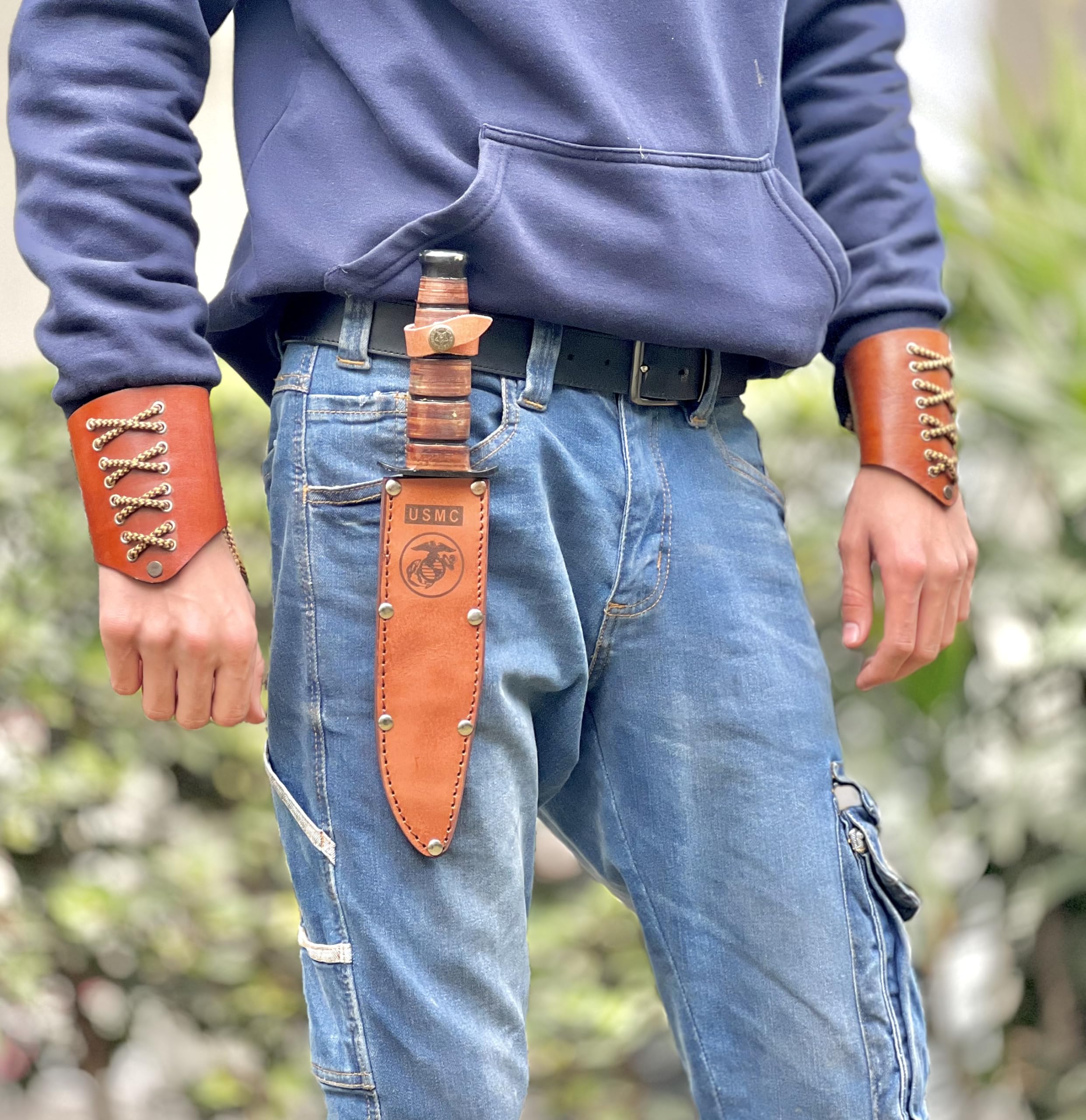 NoonKnives usmc Combat Fighter Knife with Leather Sheath - Stainless Steel Blade, Clip Point, Heat Treated Finish, Stacked Leather Handle, Your Camping and Survival Fixed Blade - Length 13