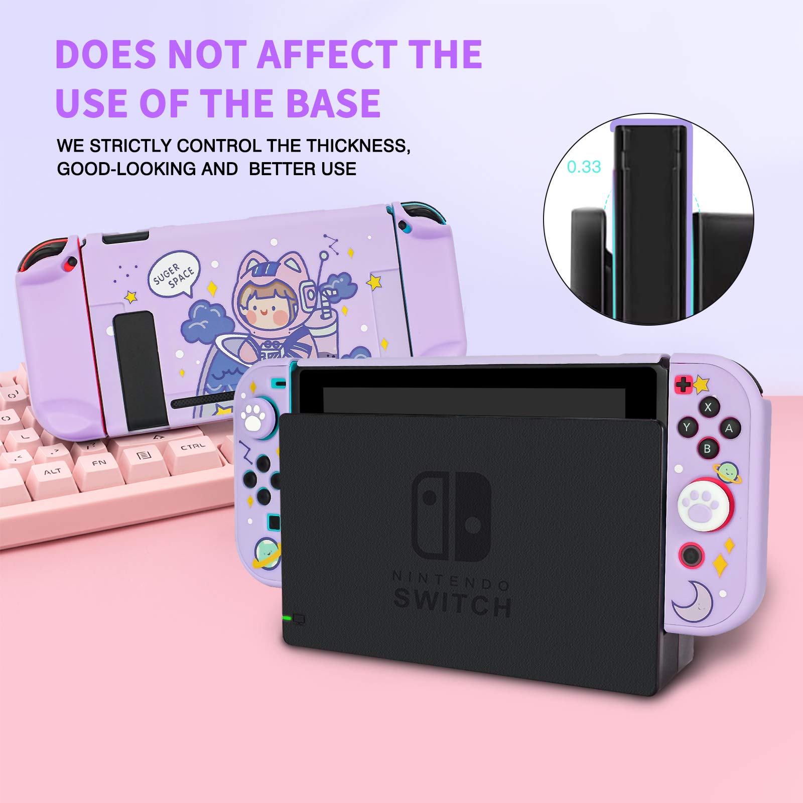 DLseego Dockable Protective Case Design for Switch, Newest Pattern Cute Design Hard Cover with 2 pcs Glass Screen Protectors and 4 pcs Thumb Grips - Purple