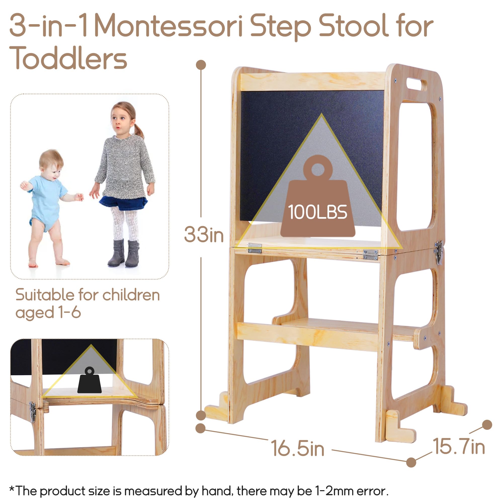 lesolar 3-in-1 Toddler Standing Tower, Kids Kitchen Step Stool Helper, Montessori Assistant Tower Suitable for Toddlers and Children from 1-6 Years Old Kitchen Blackboard Tower with Safety Rail