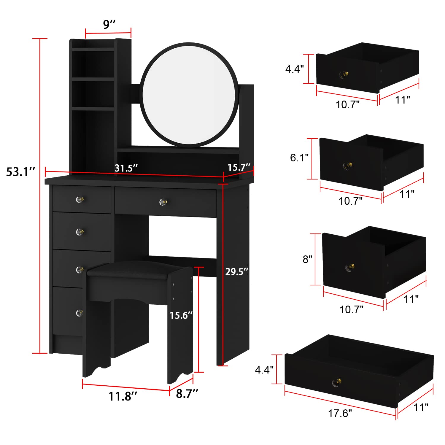 ECACAD Vanity Desk Set with Round Mirror, Makeup Dressing Table with 5 Drawers, Storage Shelves & Cushioned Stool for Bedroom, Black