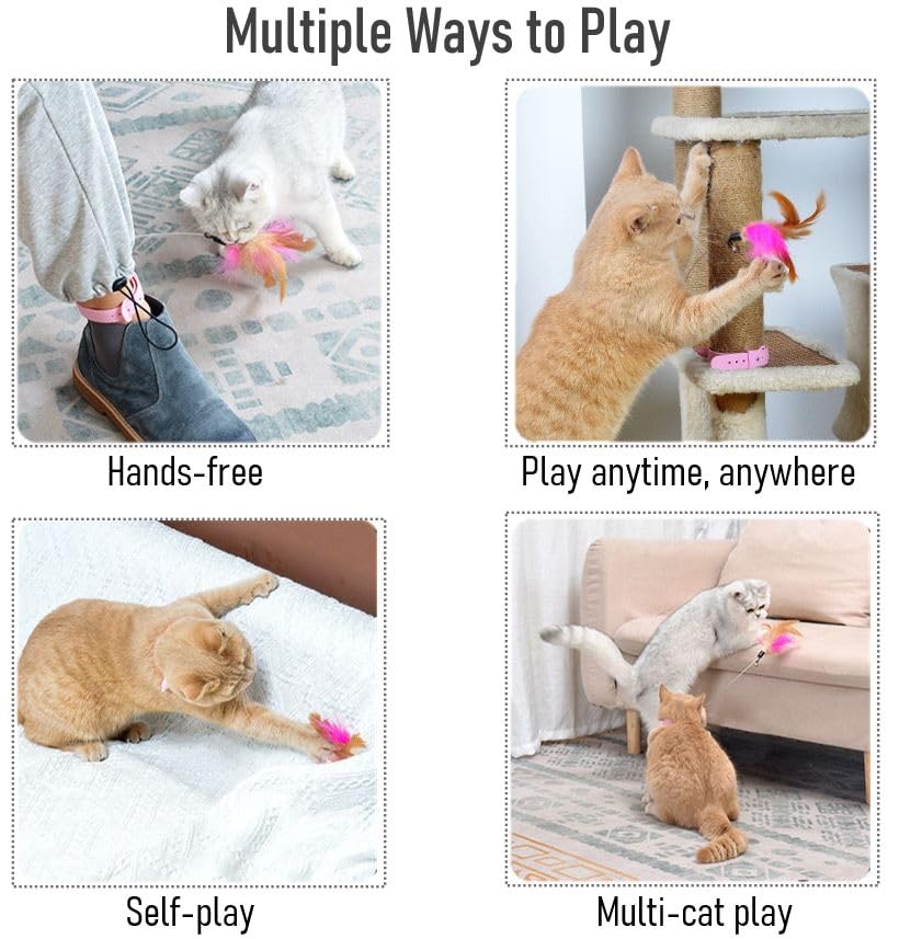 KOTYA Cat Teasing Wand Silicone Collar Hands Free Toy with Bell and Feathers (Sky Blue)