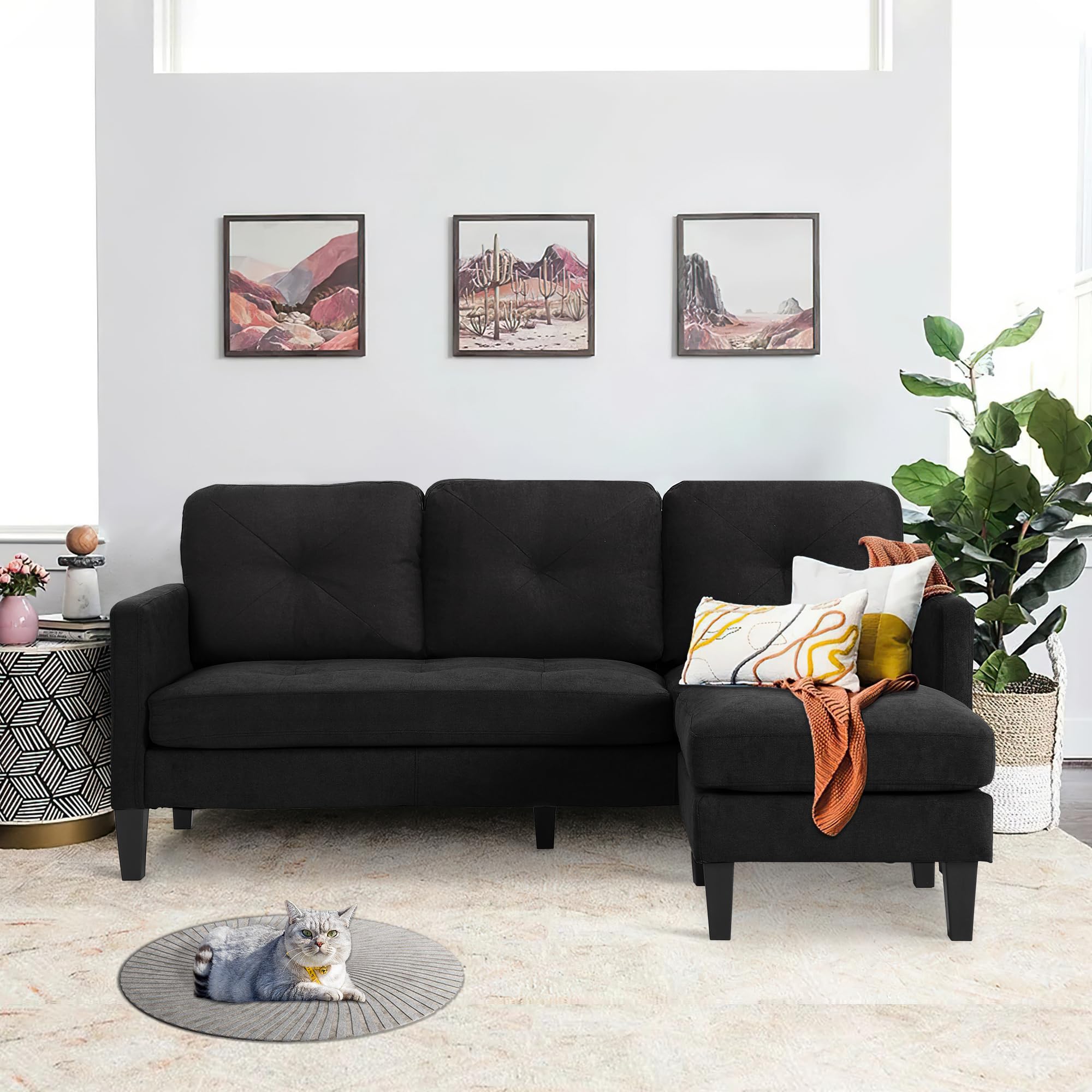 LETATA Convertible Sectional Sofa Couch with Chaise, Black L Shaped Couch Sofa Set with Reversible Ottoman for Living Room,Apartment,Small Spaces (Black)