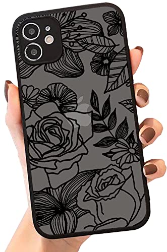 SUBESKING Compatible with iPhone 12 Flower Case for Women Girls, Cute Black Blooming Floral 3D Pattern Design Translucent Matte PC Back Soft TPU Bumper Protective Clear Cover 6.1 Inch