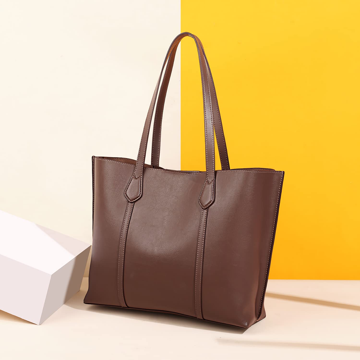 FOXLOVER Genuine Leather Tote Purses for Women, Ladies Fashion Shoulder Tote Handbag (Brown)