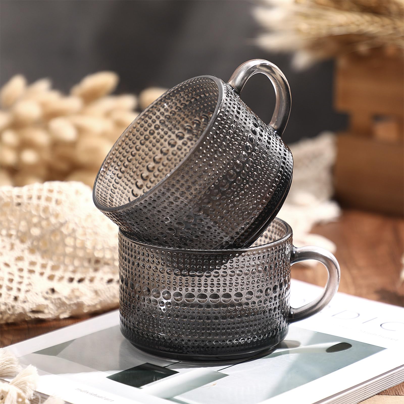 Eccliy 6 Pcs Vintage Coffee Mugs 14 oz Glass Stackable Tea Cups Embossed Glass Cups Coffee Cup Vintage Glassware with Handle for Cappuccino Latte Cereal Yogurt Beverage Dessert Water (Black)