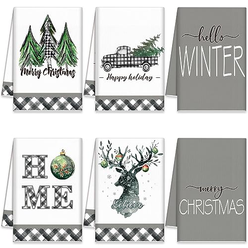 Oudain Sets of 6 Christmas Kitchen Towels and Dishcloths Xmas Tree Truck Dish Towels Hello Winter Kitchen Hand Towels Kit Christmas Novelty Gifts for Christmas Party Supplies