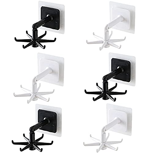 Kitchen Utensil Hanger,Under Cabinet Holder 6 Pieces 360 Degrees Rotating Folding Hook Self-Adhesive Waterproof Utility for Home Bathroom No Drilling (3 White+3 Black), 4.3×2.7×1.9 inch