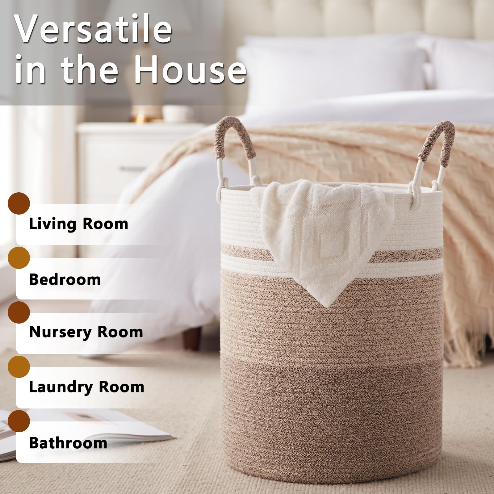 Laundry Basket, Woven Rope Laundry Hamper with Handles, Large Decorative Storage Basket for Clothes and Blankets in Living room (Jute & White, 72L)