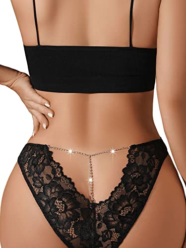 SweatyRocks Women's Lingerie Floral Lace Sheer Mesh Cut Out Thong Panties Underwear Chain Black M