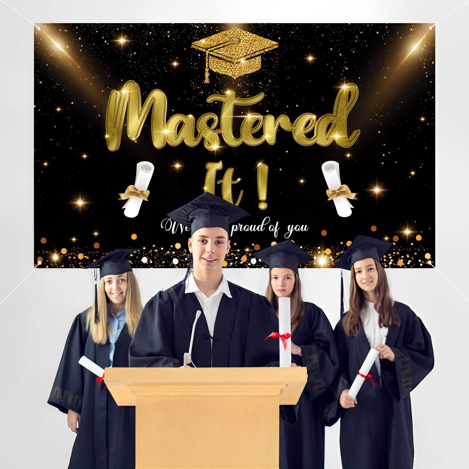 Labakita Mastered It Backdrop Banner, Masters Graduation Decorations, Masters Degree Graduation Banner, Graduation Decorations 2024, Graduation Party Indoor/Outdoor Decorations(Black and Gold)
