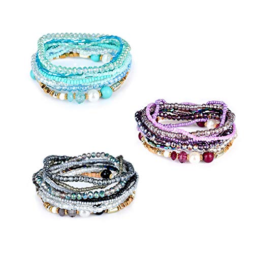 MengPa Stackable Beaded Bracelets for Women Bohemian layering Strand Statement Jewelry Grey Green Purple(3Pcs-) US3207ABC