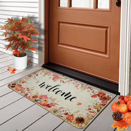 Voanos Fall Welcome Door Mat,Autumn Maple Leafs Pumpkins Theme Outdoor Entrance Doormat Non-Slip Rubber Matt for Indoor Fall Decor 17 x 30 Inch