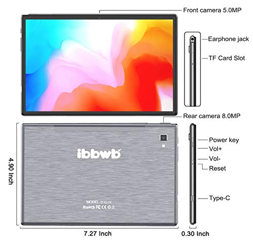 IBBWB Tablet 10 inch Android 9.0 Pie, Octa-Core Processor,5G WiFi,2GB RAM, 32GB ROM, 5MP+13MP Dual Cameras,IPS HD Display, Bluetooth 5.0, USB C,GPS,Metal Body,Gray