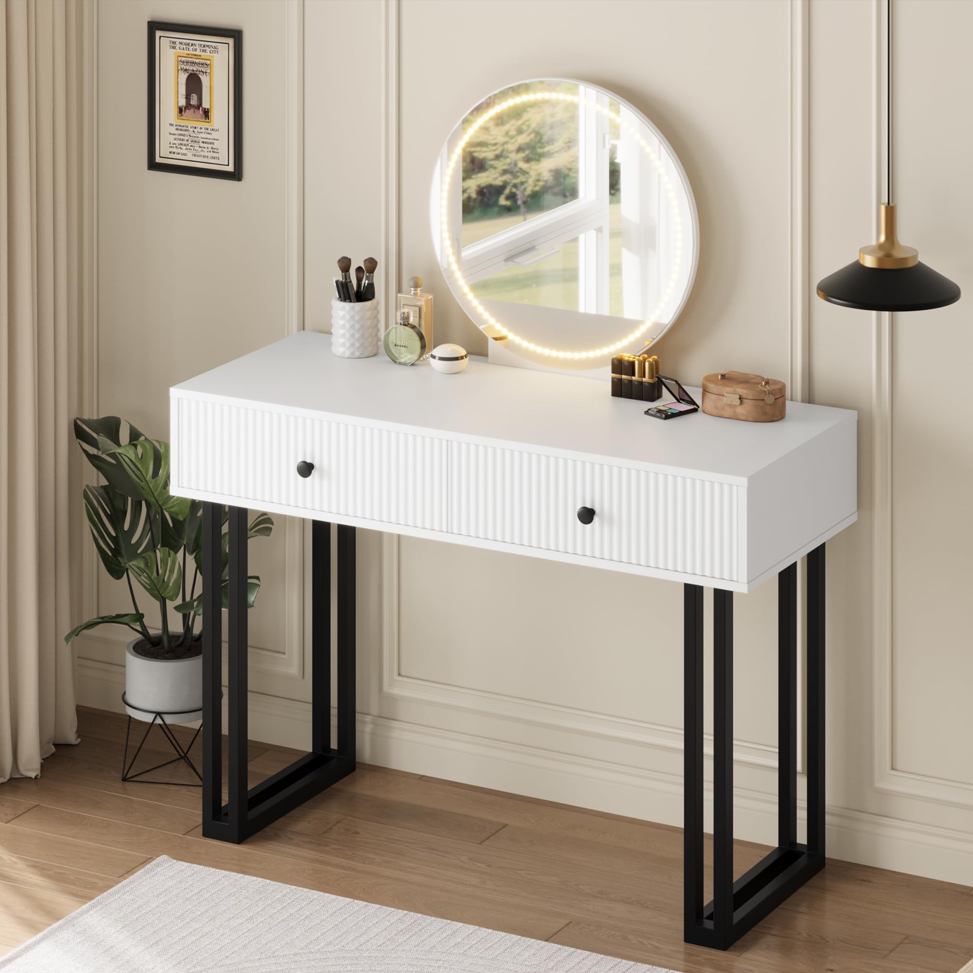GarveeHome Vanity Desk with Mirror and Lights, Small Makeup Vanity with 2 Drawers, Modern Vanity Organizer with 3 Color Lights&Adjustable Brightness, Dressing Table for Bedroom, White