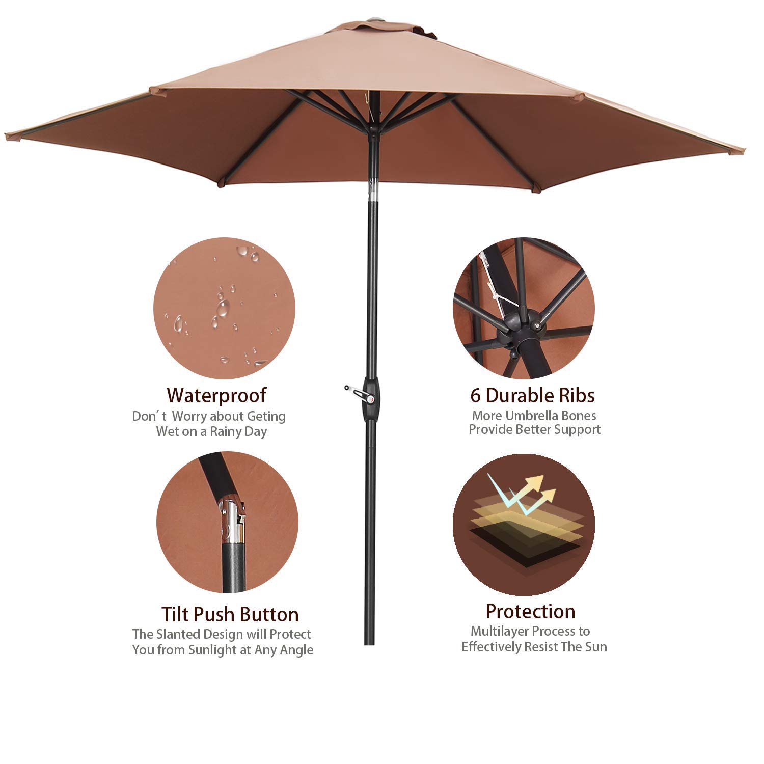HYD-Parts 9FT Patio Umbrella Outdoor Table Umbrella,Market Umbrella with Push Button Tilt and Crank for Garden, Lawn, Deck, Backyard & Pool (Coffee)