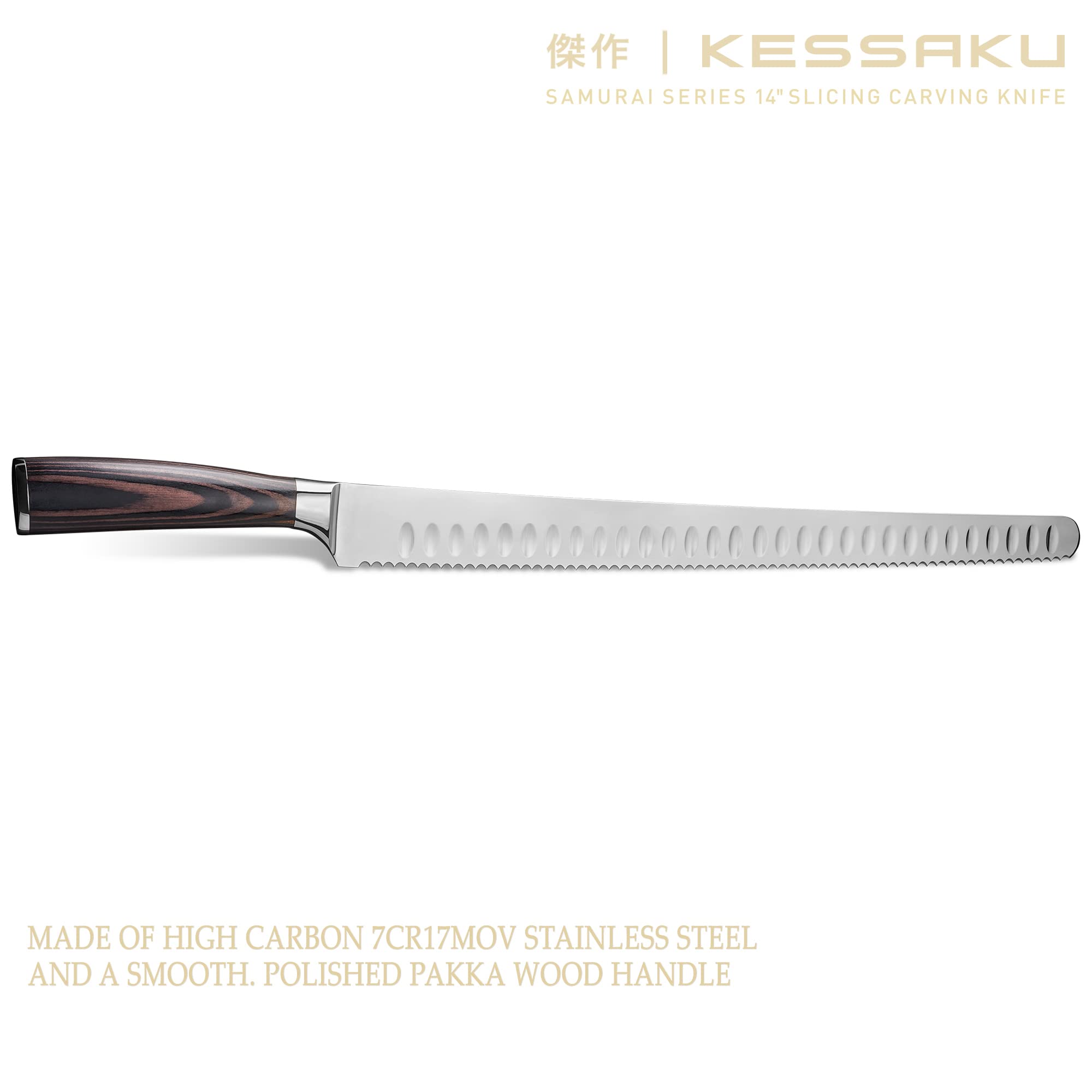 KESSAKU 14-Inch Slicing Carving Knife - Samurai Series - Serrated Granton Edge - Forged High Carbon 7Cr17MoV Stainless Steel - Pakkawood Handle with Blade Guard