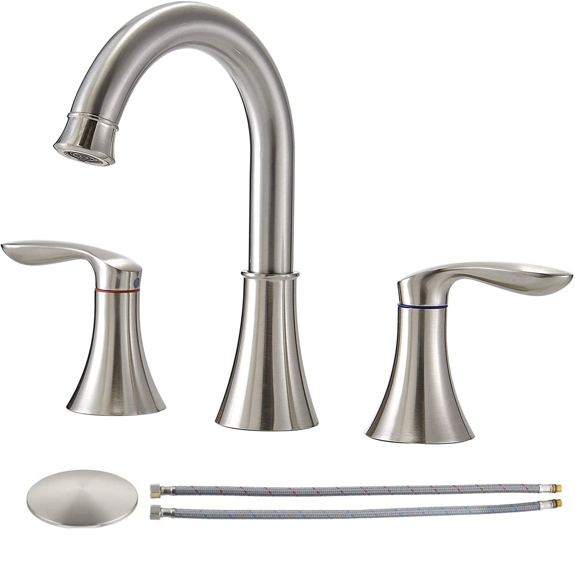 Friho Modern 2 Handle 3 Hole Brushed Nickel Widespread Bathroom Faucet, 8 inch Lavatory Vanity Swivel Spout Bathroom Sink Faucet with Water Supply Hoses and Pop Up Drain