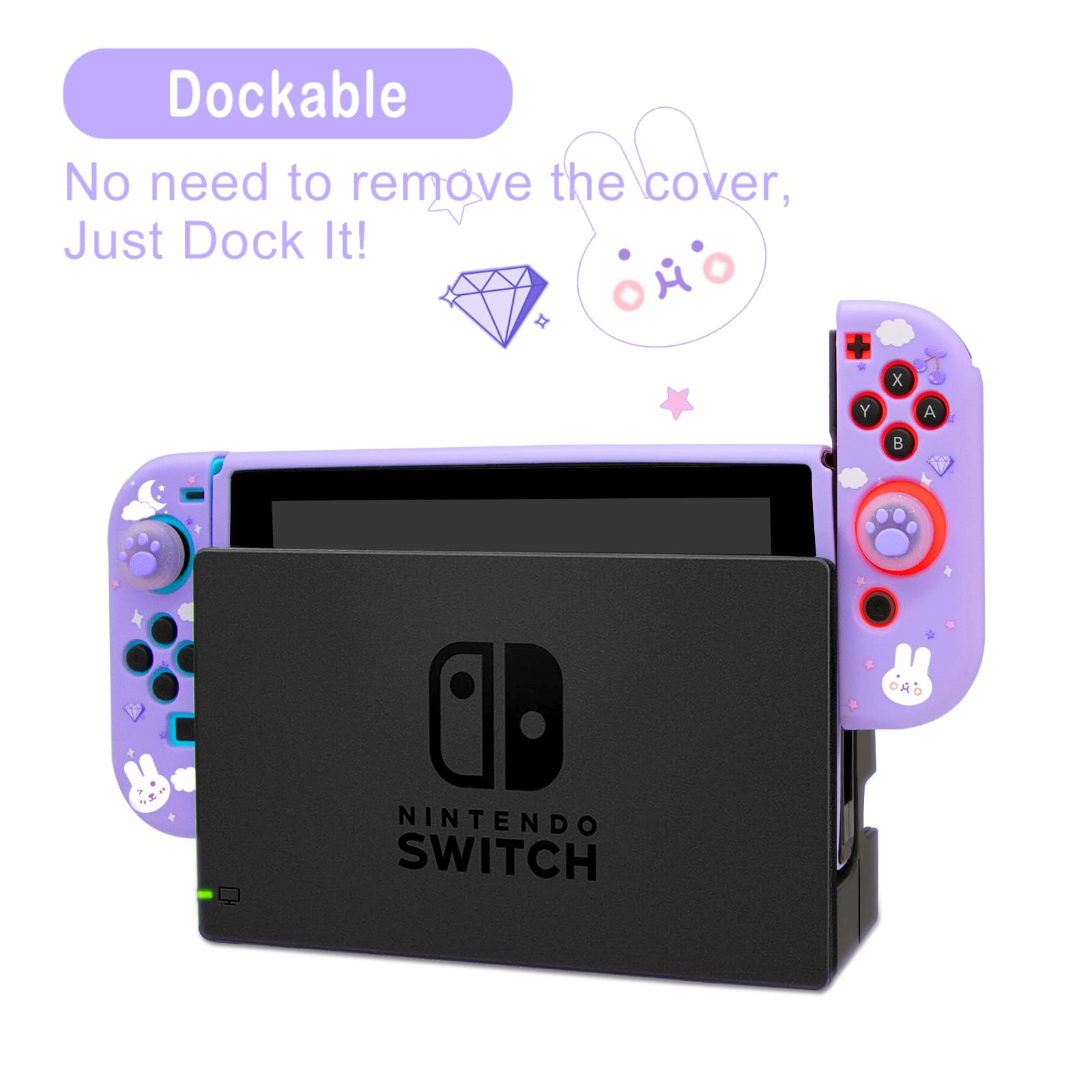 Dockable Protective Case Compatible with Nintendo Switch, Cute Soft TPU Slim Grip Cover for NS & Joy-con Controllers with 2 Cat Paw Thumb Grips Caps, Accessories Christmas Gifts for Girls-Purple Bunny