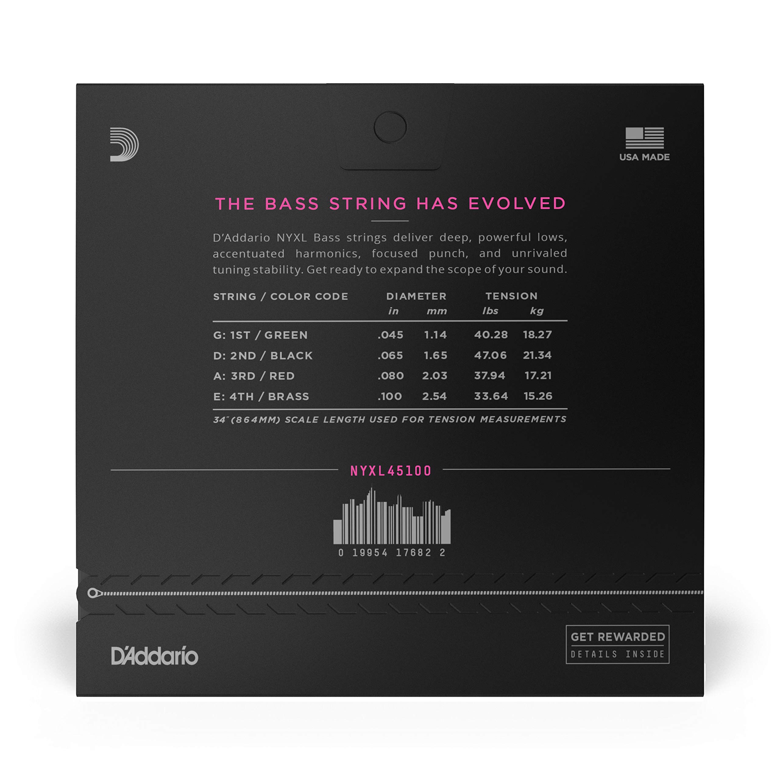 D'Addario Bass Guitar Strings - NYXL Bass Strings - NYXL45100 - Unrivaled Strength, Tuning Stability, Enhanced Response - For 4 String Bass Guitars - 45-100 Regular Light, Long Scale