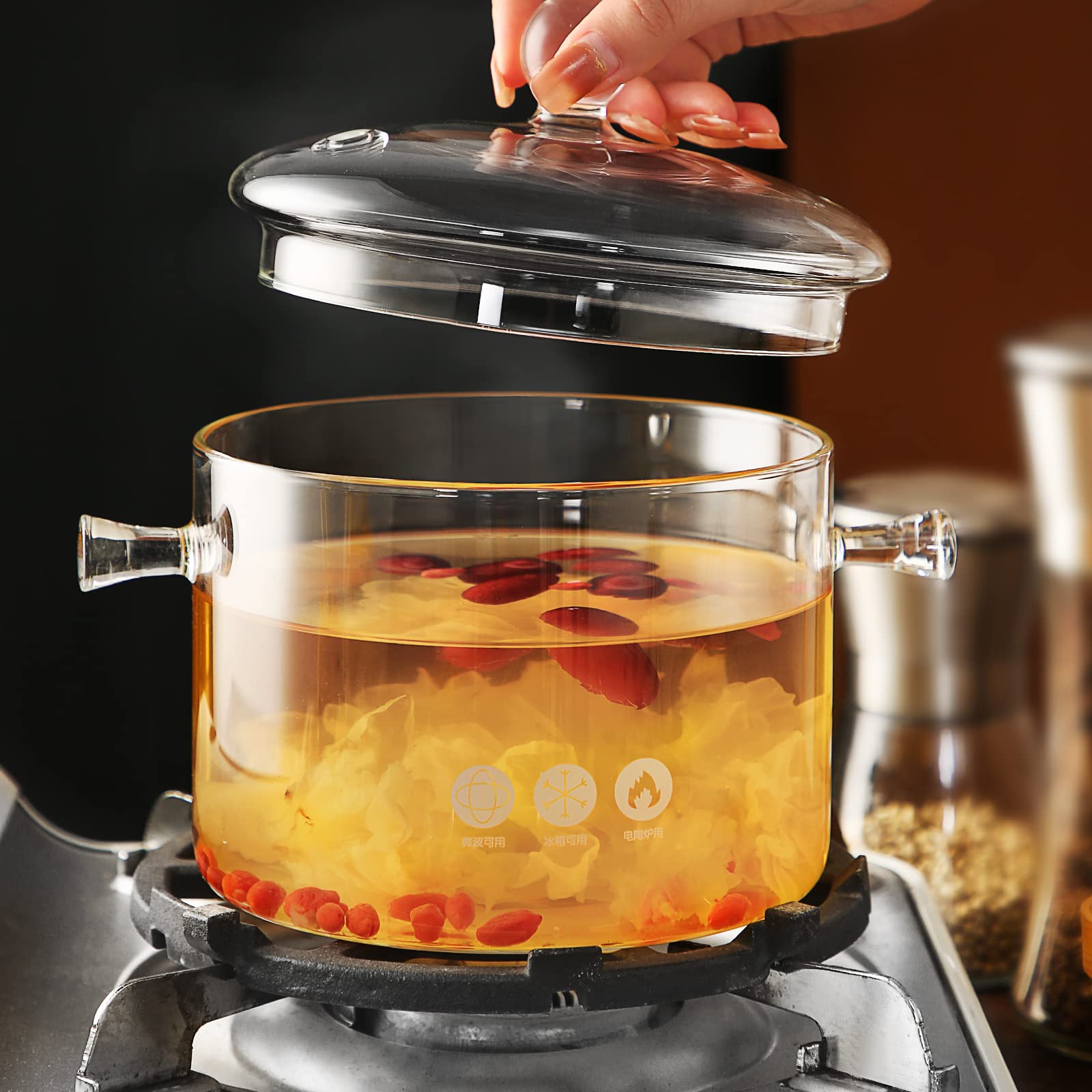 Glass Saucepan 2.0 Liter - Heat Resistant Glass Cooking Pot with Lid Sauce Pan for Soup, Pasta & Baby Food (2000ml/68oz)